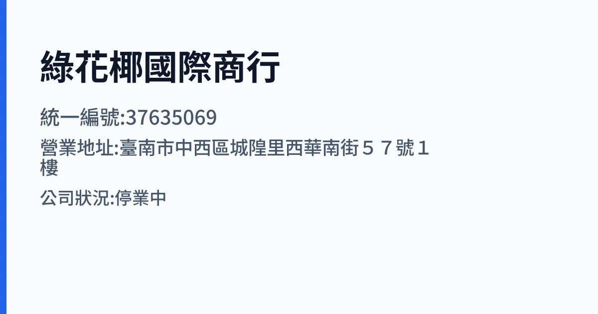 綠花椰國際商行 - 統編 37635069(臺南市) 公司登記資料與營業項目詳細圖表