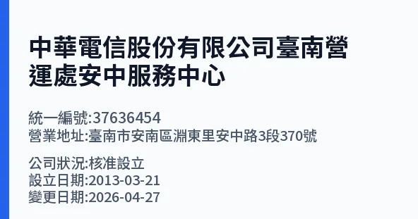 中華電信股份有限公司臺南營運處安中服務中心的照片-統編 37636454(臺南市) 公司登記資料與營業項目詳細圖表