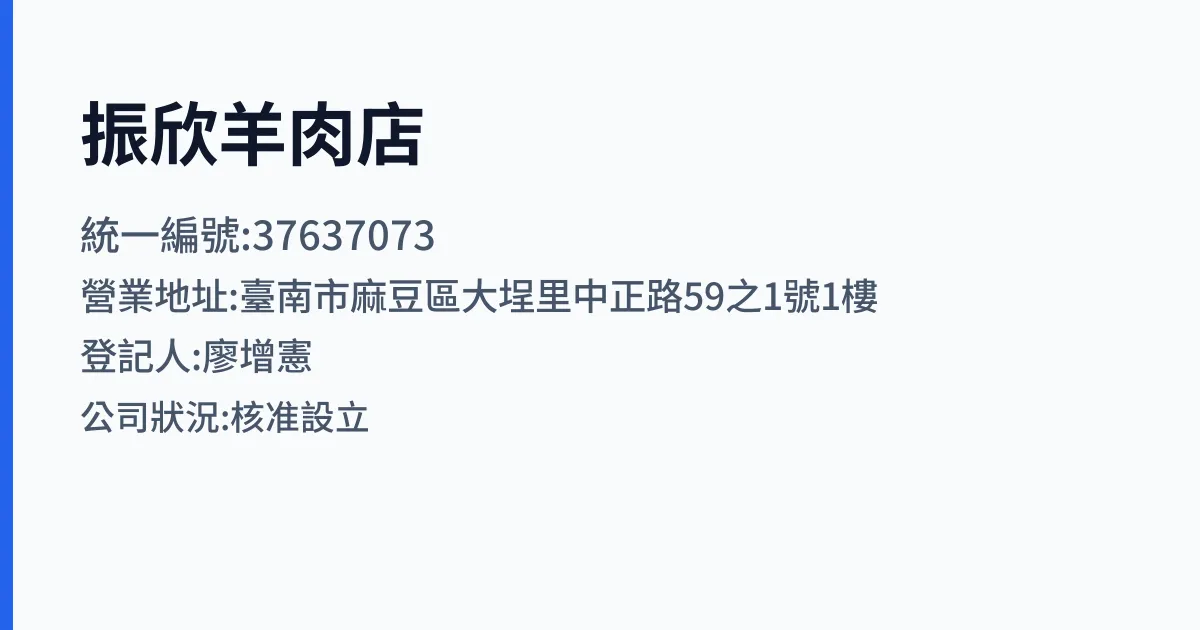 振欣羊肉店 - 統編 37637073(臺南市) 公司登記資料與營業項目詳細圖表