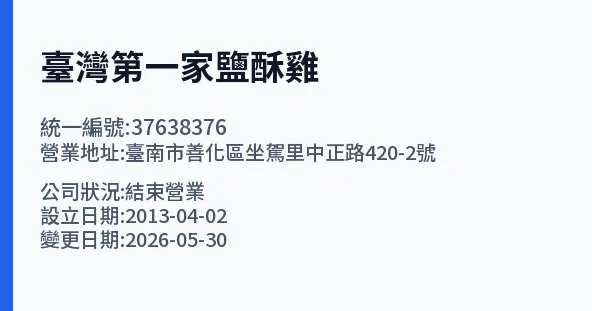 臺灣第一家鹽酥雞的照片-統編 37638376(臺南市) 公司登記資料與營業項目詳細圖表