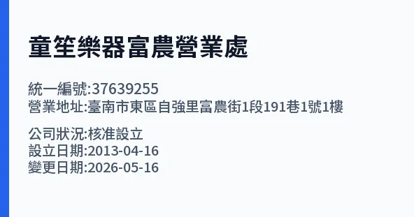 童笙樂器富農營業處的照片-統編 37639255(臺南市) 公司登記資料與營業項目詳細圖表
