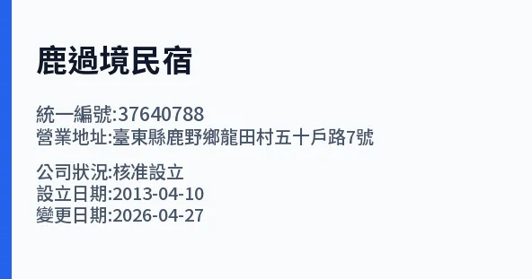 鹿過境民宿的照片-統編 37640788(臺東縣) 公司登記資料與營業項目詳細圖表