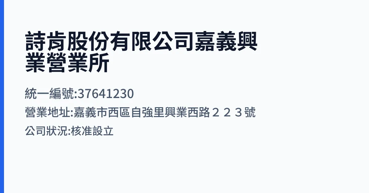 詩肯股份有限公司嘉義興業營業所 - 統編 37641230(嘉義市) 公司登記資料與營業項目詳細圖表
