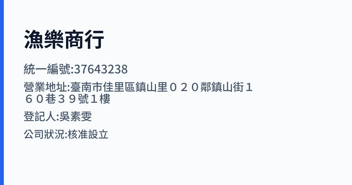 漁樂商行 - 統編 37643238(臺南市) 公司登記資料與營業項目詳細圖表