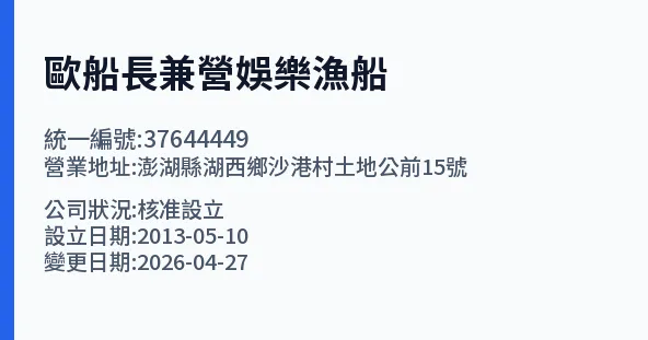 歐船長兼營娛樂漁船的照片-統編 37644449(澎湖縣) 公司登記資料與營業項目詳細圖表