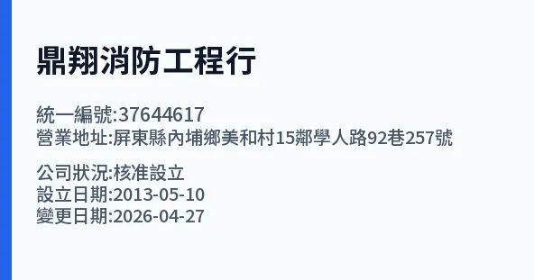 鼎翔消防工程行的照片-統編 37644617(屏東縣) 公司登記資料與營業項目詳細圖表