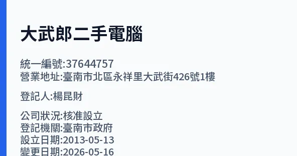 大武郎二手電腦的照片-統編 37644757(臺南市) 公司登記資料與營業項目詳細圖表