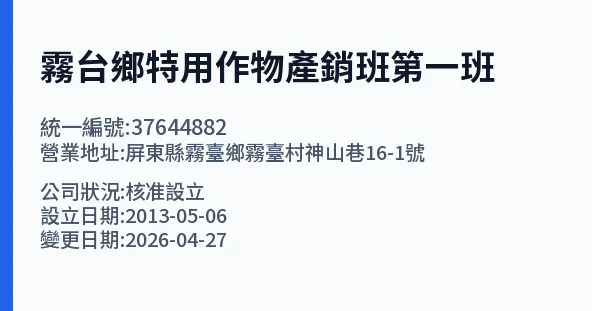 霧台鄉特用作物產銷班第一班的照片-統編 37644882(屏東縣) 公司登記資料與營業項目詳細圖表