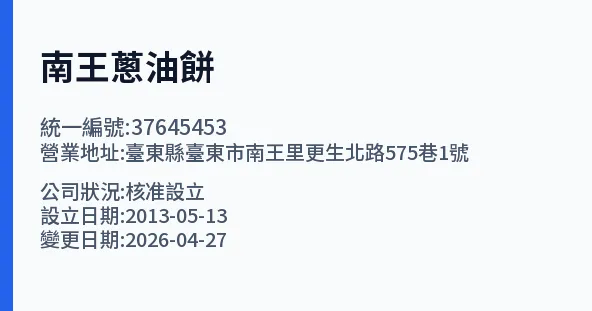 南王蔥油餅的照片-統編 37645453(臺東縣) 公司登記資料與營業項目詳細圖表