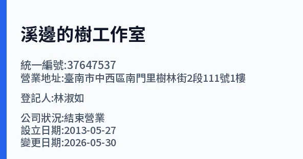 溪邊的樹工作室的照片-統編 37647537(臺南市) 公司登記資料與營業項目詳細圖表