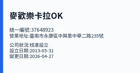 麥歡樂卡拉OK的照片-統編 37648923(臺南市) 公司登記資料與營業項目詳細圖表