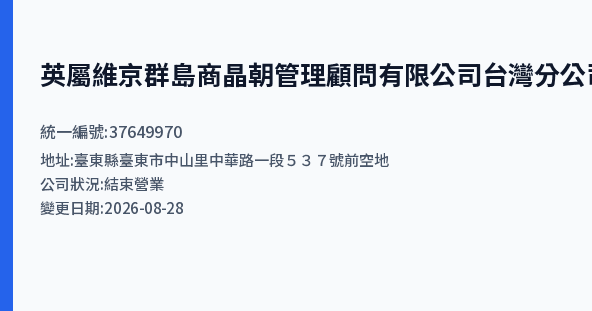 英屬維京群島商晶朝管理顧問有限公司台灣分公司台東旗魚停車場的照片-統編 37649970(臺東縣) 公司登記資料與營業項目詳細圖表