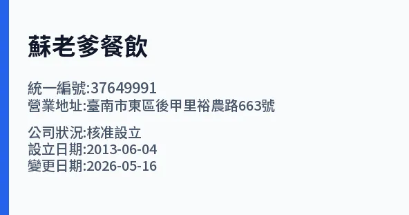 蘇老爹餐飲的照片-統編 37649991(臺南市) 公司登記資料與營業項目詳細圖表