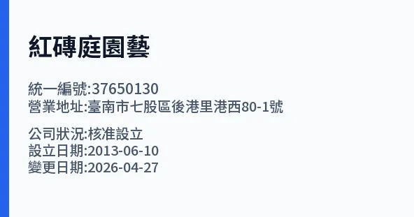 紅磚庭園藝的照片-統編 37650130(臺南市) 公司登記資料與營業項目詳細圖表