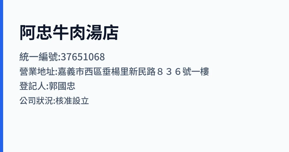 阿忠牛肉湯店 - 統編 37651068（嘉義市） 公司登記資料與營業項目詳細圖表
