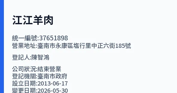 江江羊肉的照片-統編 37651898(臺南市) 公司登記資料與營業項目詳細圖表