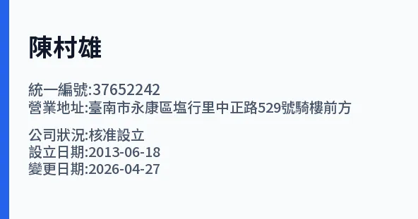 陳村雄的照片-統編 37652242(臺南市) 公司登記資料與營業項目詳細圖表