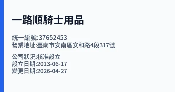 一路順騎士用品的照片-統編 37652453(臺南市) 公司登記資料與營業項目詳細圖表