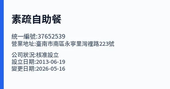 素疏自助餐的照片-統編 37652539(臺南市) 公司登記資料與營業項目詳細圖表