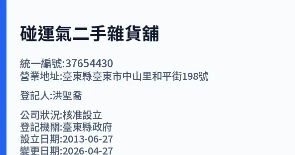 碰運氣二手雜貨舖的照片-統編 37654430(臺東縣) 公司登記資料與營業項目詳細圖表
