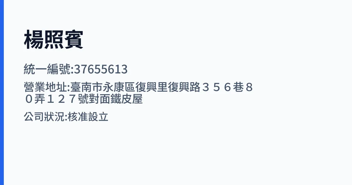 楊照賓 - 統編 37655613(臺南市) 公司登記資料與營業項目詳細圖表
