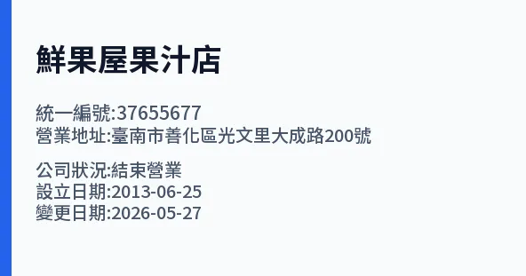鮮果屋果汁店的照片-統編 37655677(臺南市) 公司登記資料與營業項目詳細圖表