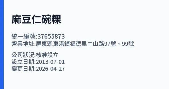 麻豆仁碗粿的照片-統編 37655873(屏東縣) 公司登記資料與營業項目詳細圖表