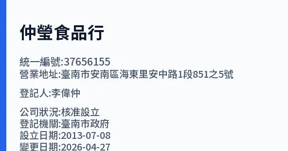 仲瑩食品行的照片-統編 37656155(臺南市) 公司登記資料與營業項目詳細圖表