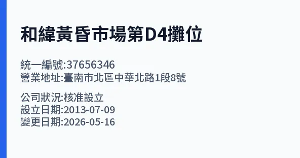 和緯黃昏市場第D4攤位的照片-統編 37656346(臺南市) 公司登記資料與營業項目詳細圖表