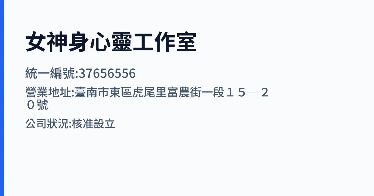 女神身心靈工作室 - 統編 37656556(臺南市) 公司登記資料與營業項目詳細圖表