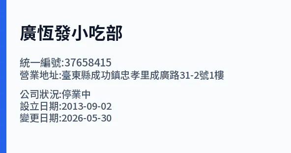 廣恆發小吃部的照片-統編 37658415(臺東縣) 公司登記資料與營業項目詳細圖表