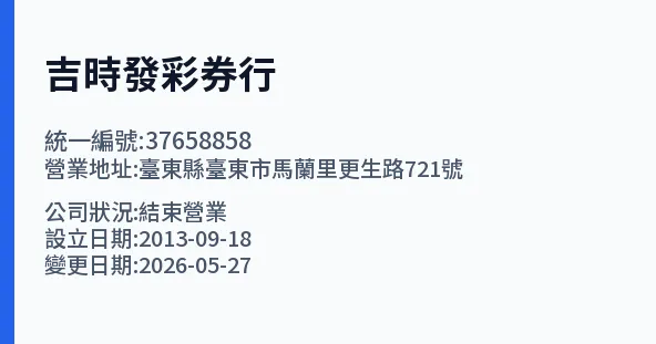 吉時發彩券行的照片-統編 37658858(臺東縣) 公司登記資料與營業項目詳細圖表