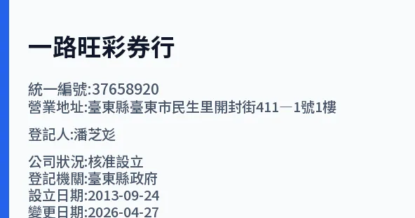 一路旺彩券行的照片-統編 37658920(臺東縣) 公司登記資料與營業項目詳細圖表
