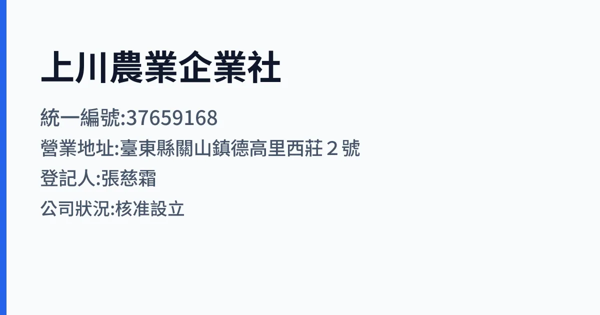 上川農業企業社 - 統編 37659168(臺東縣) 公司登記資料與營業項目詳細圖表