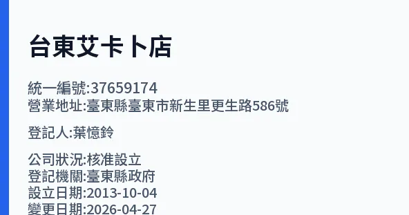 台東艾卡卜店的照片-統編 37659174(臺東縣) 公司登記資料與營業項目詳細圖表