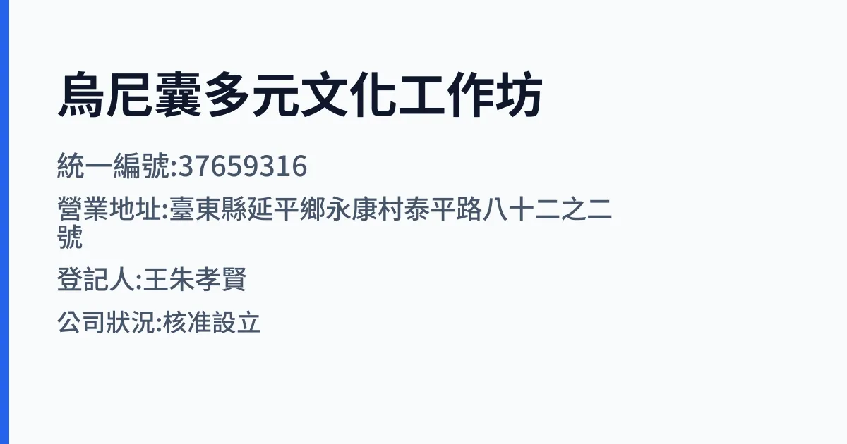 烏尼囊多元文化工作坊 - 統編 37659316（臺東縣） 公司登記資料與營業項目詳細圖表