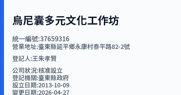 烏尼囊多元文化工作坊的照片-統編 37659316(臺東縣) 公司登記資料與營業項目詳細圖表