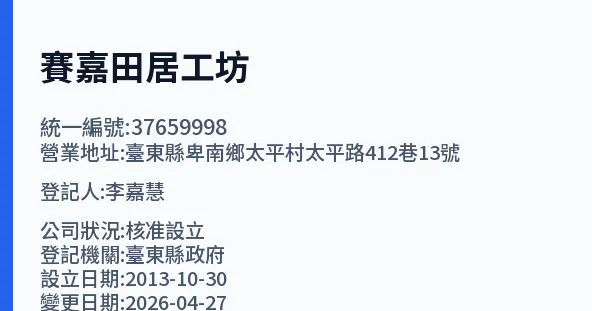 賽嘉田居工坊的照片-統編 37659998(臺東縣) 公司登記資料與營業項目詳細圖表