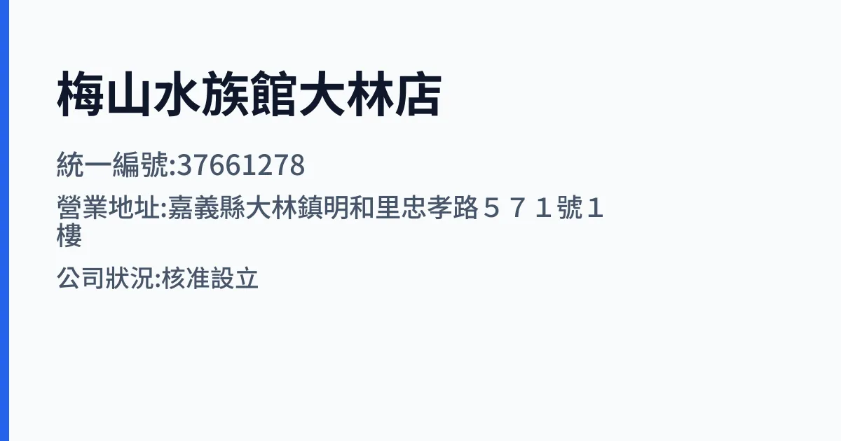 梅山水族館大林店 - 統編 37661278(嘉義縣) 公司登記資料與營業項目詳細圖表