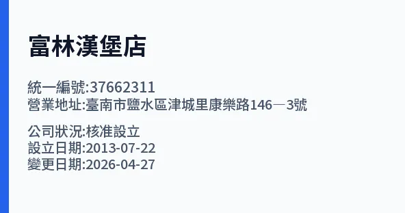 富林漢堡店的照片-統編 37662311(臺南市) 公司登記資料與營業項目詳細圖表