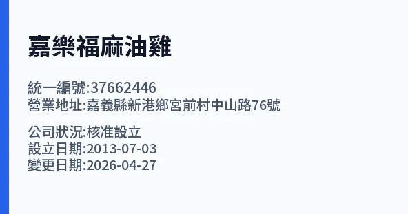 嘉樂福麻油雞的照片-統編 37662446(嘉義縣) 公司登記資料與營業項目詳細圖表