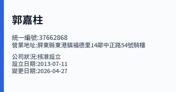 郭嘉柱的照片-統編 37662868(屏東縣) 公司登記資料與營業項目詳細圖表