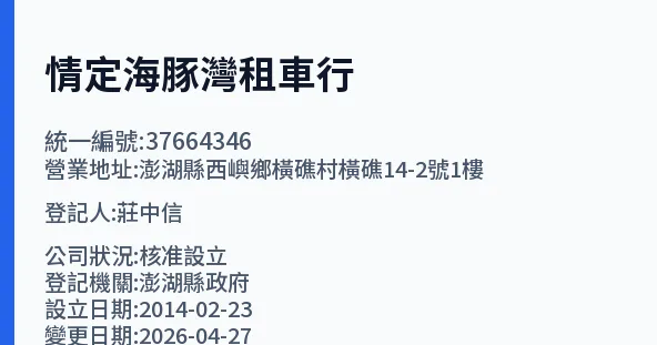 情定海豚灣租車行的照片-統編 37664346(澎湖縣) 公司登記資料與營業項目詳細圖表