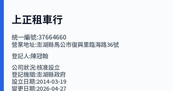 上正租車行的照片-統編 37664660(澎湖縣) 公司登記資料與營業項目詳細圖表