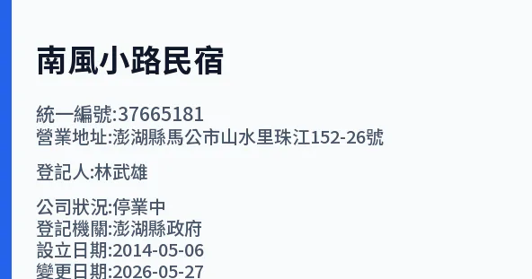 南風小路民宿的照片-統編 37665181(澎湖縣) 公司登記資料與營業項目詳細圖表