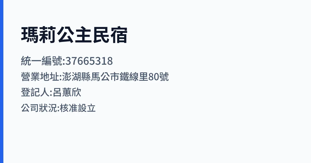 瑪莉公主民宿 - 統編 37665318(澎湖縣) 公司登記資料與營業項目詳細圖表