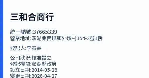 三和合商行的照片-統編 37665339(澎湖縣) 公司登記資料與營業項目詳細圖表