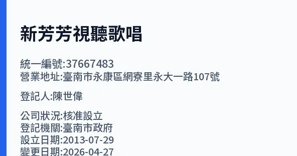 新芳芳視聽歌唱的照片-統編 37667483(臺南市) 公司登記資料與營業項目詳細圖表