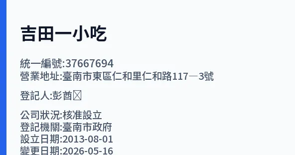 吉田一小吃的照片-統編 37667694(臺南市) 公司登記資料與營業項目詳細圖表