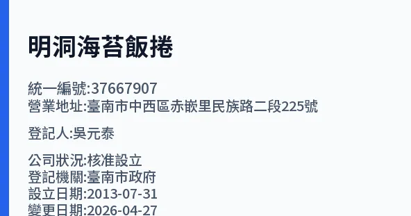 明洞海苔飯捲的照片-統編 37667907(臺南市) 公司登記資料與營業項目詳細圖表